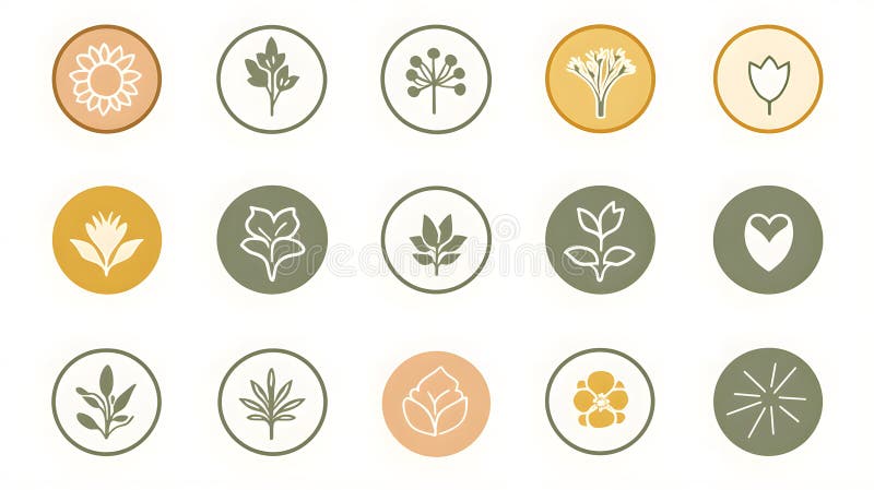 Floral Icons in Earthy Tones and Minimalistic Design Stock Illustration ...