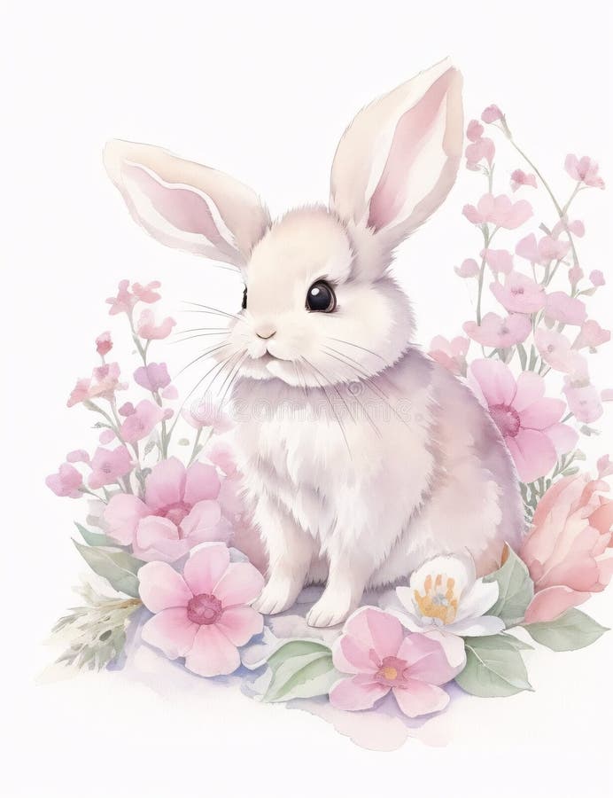 Floral Illustration of Cute Little Rabbit Stock Illustration ...