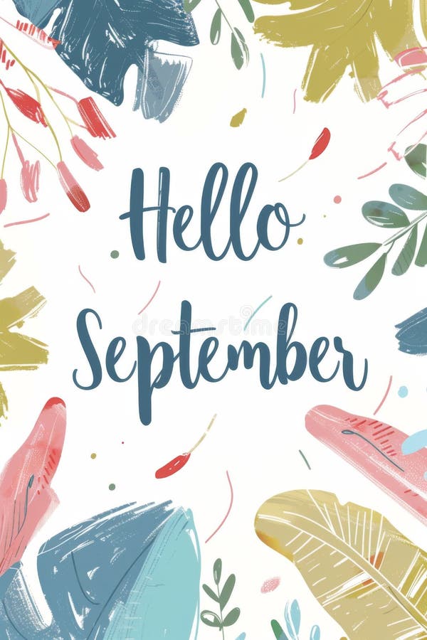 Floral Illustration with Hello September Text in the Center, Background ...
