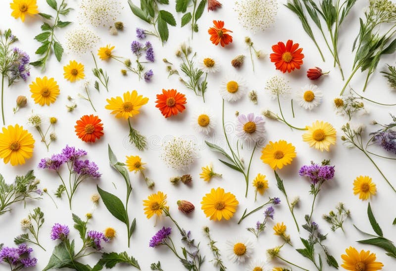 Floral Layout from Different Wildflowers on a White Background ...