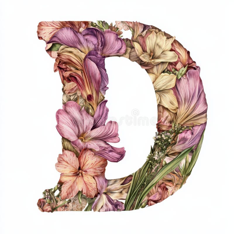 A Floral Letter "D" Adorned with Various Colorful Flowers Stock ...