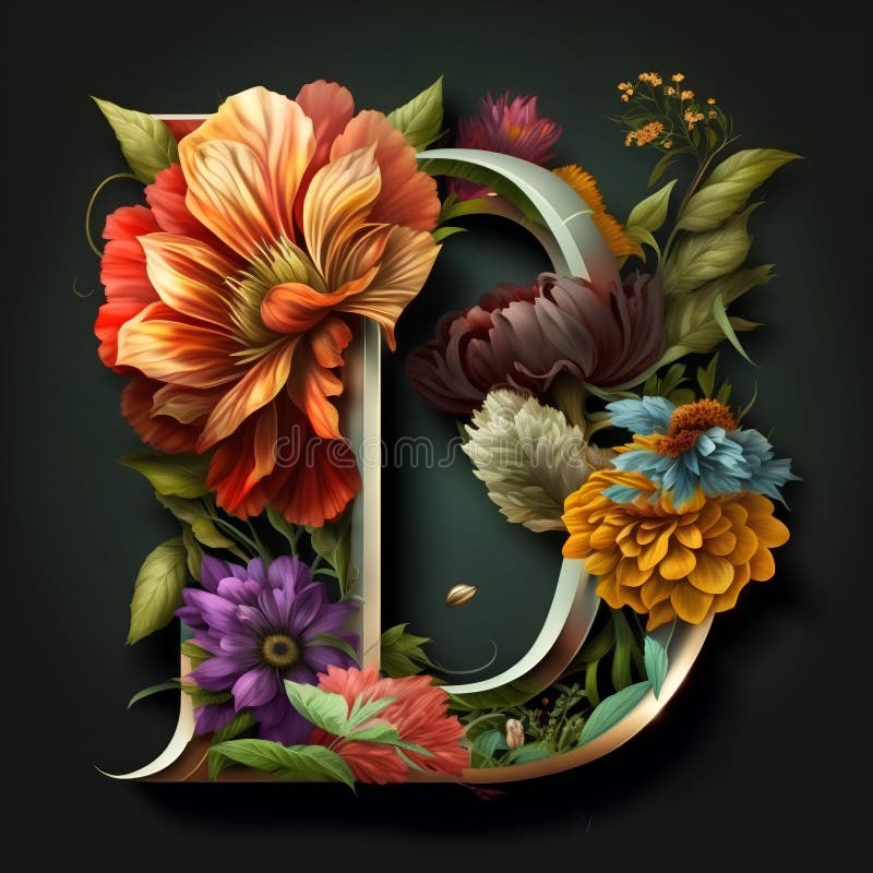 Floral Letter D with Beautiful Flowers on Dark Background. Vector ...