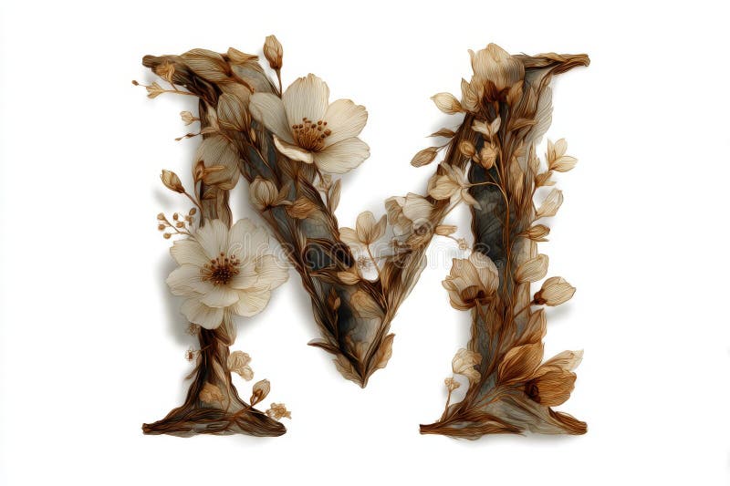 Floral Letter M: Rustic Wood Texture and White Flowers Stock ...