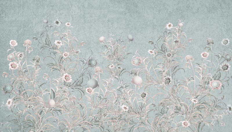 Floral Light Gray Ornament. Background with Flowering Plants. Floral ...