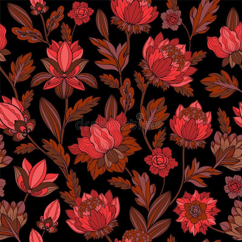 Floral Line Art Pattern with Decorative Flowers Stock Vector ...