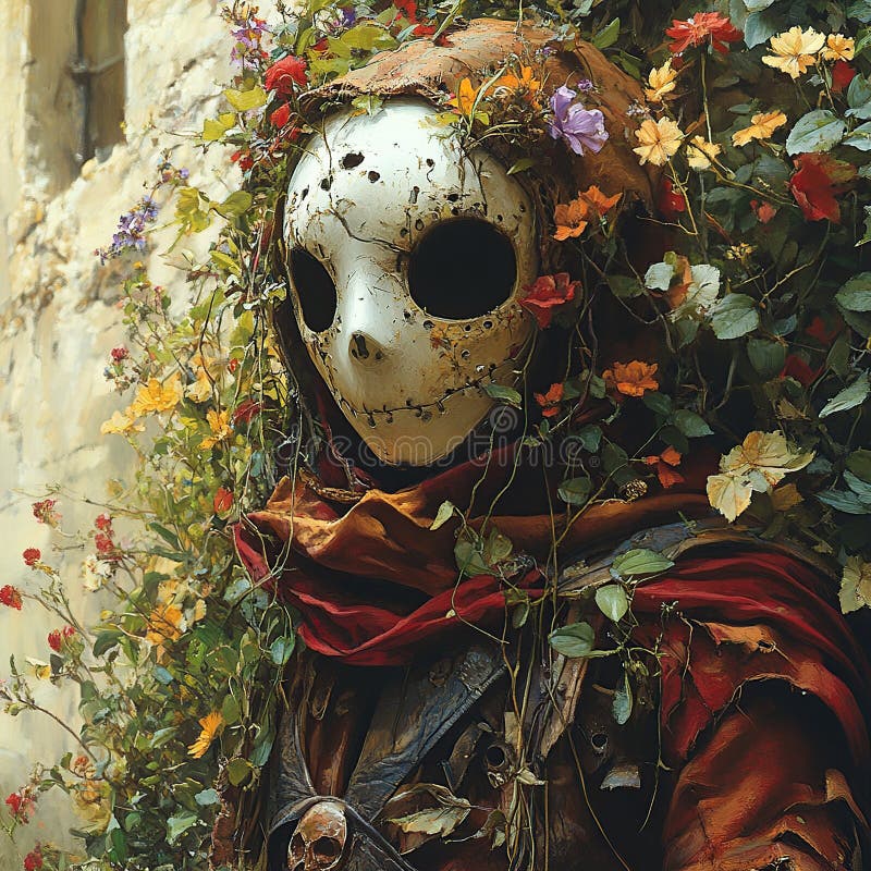 Floral, Mask-wearing Figure, Rustic Aesthetic Stock Illustration ...