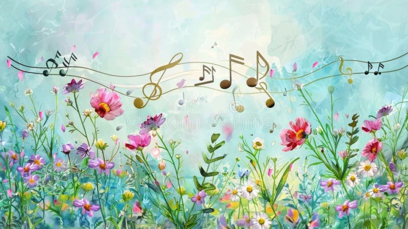 Floral Melody Background with Colorful Flowers and Music Notes Stock ...