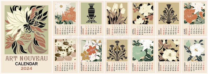 Floral Calendar Template for 2024 Vector Art. Stock Vector ...