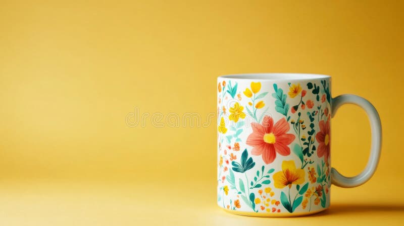 Floral Mug on Yellow Background Stock Illustration - Illustration of ...