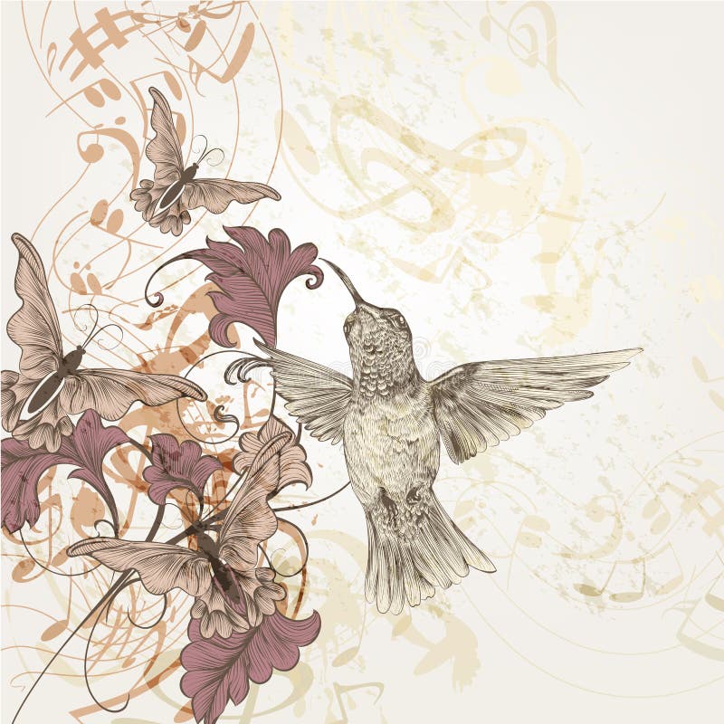 Floral Music Background with Humming Birds, Butterflies and Note Stock ...