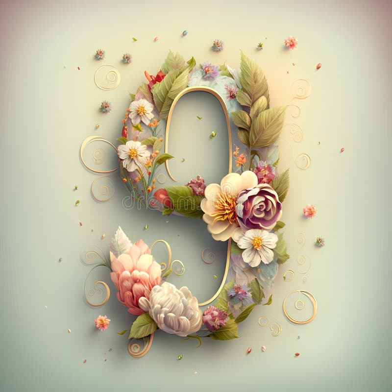 Floral Number 9. 3d Render. Floral Font Stock Illustration ...