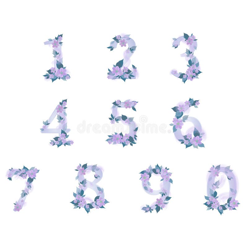 Floral Number Design 0 - 9. Blue and Lavender Colors Stock Vector ...