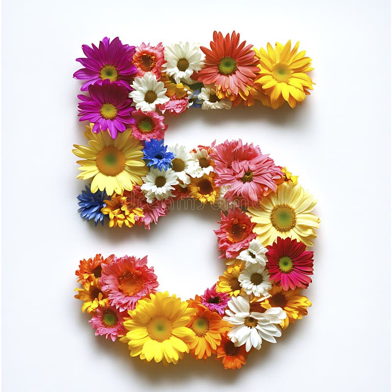 Floral Number Five Made of Colorful Daisies on White Background. Stock Photo - Image of ...