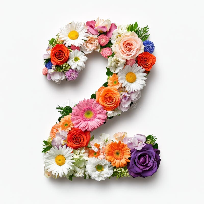Floral Number Two with Colorful Blossoms on White Background Stock ...