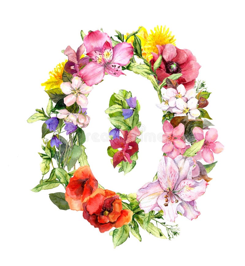 Floral Number - 0 Zero from Meadow Flowers, Grass. Watercolor Stock ...