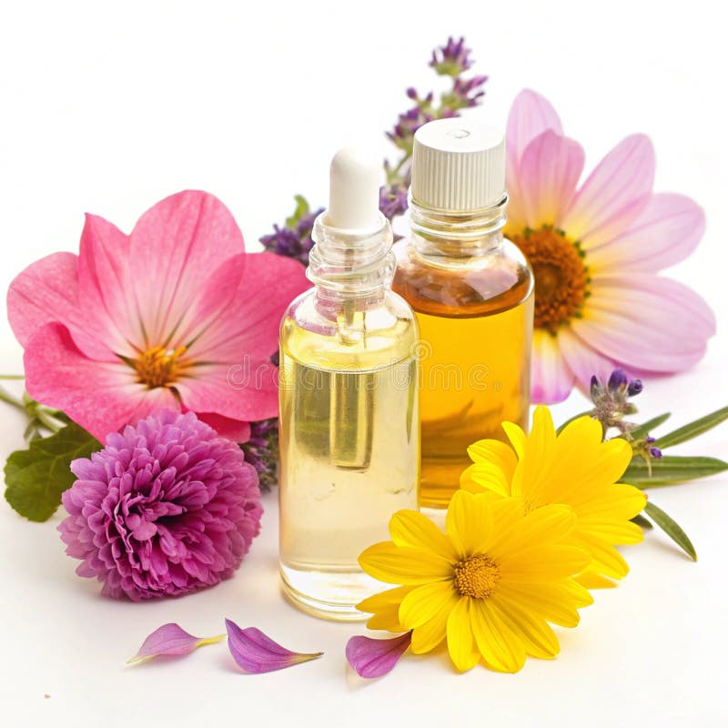 Floral Oils and Flowers Isolated on White Background Stock Illustration ...