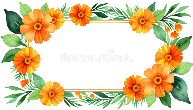 Floral Orange Frame with Greenery for Invitations and Stationery Design ...