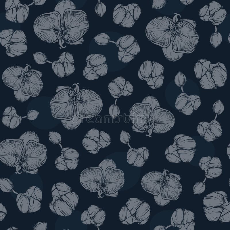 Floral Orchid Repeating Seamless Pattern on Dark Blue Background ...