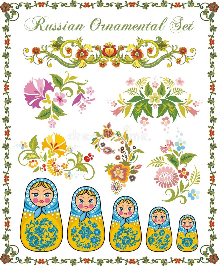 Floral Ornaments in Russian Style Stock Vector - Illustration of doodle ...