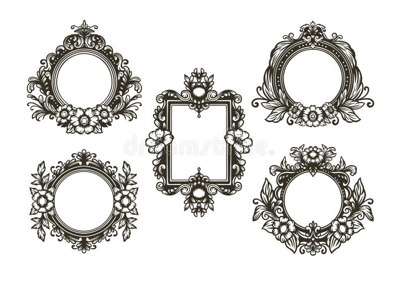 Floral Ornate Black Frames Set Stock Vector - Illustration of wedding ...