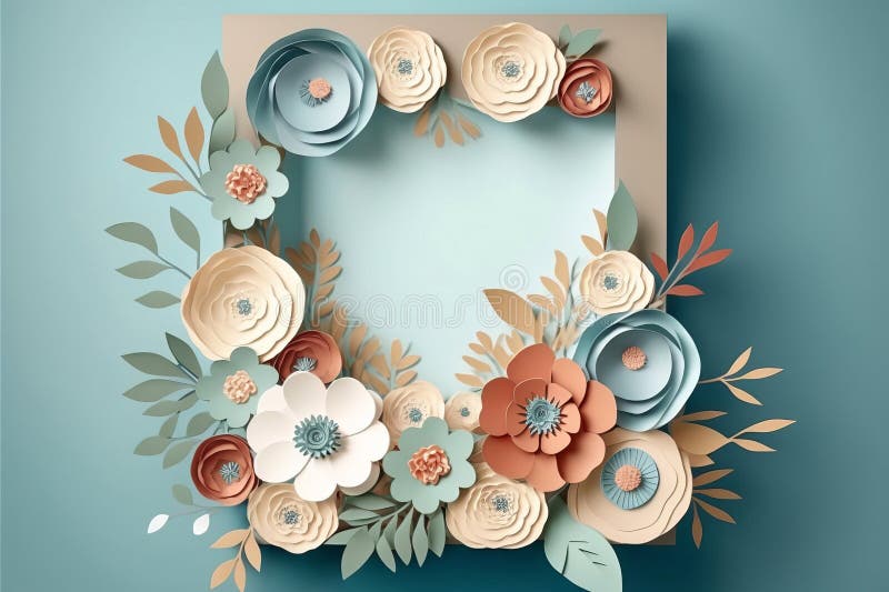 Floral Paper Art Frame on Turquoise Background Stock Image - Image of ...