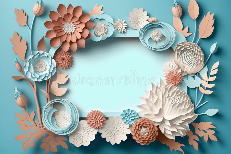 Floral Paper Art Frame on Turquoise Background Stock Photo - Image of ...