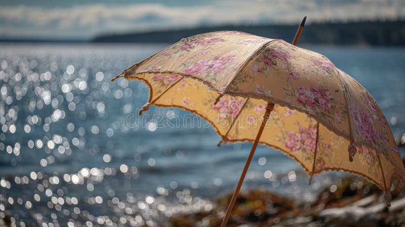 Floral Parasol on Sunny Beach by Sparkling Ocean Stock Illustration ...