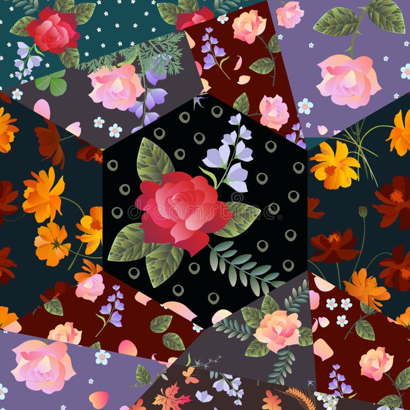 Floral Patchwork Pattern with Roses and Bells Flowers Stock ...