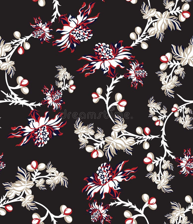 Seamless Floral Pattern Black Background Stock Vector - Illustration of ...