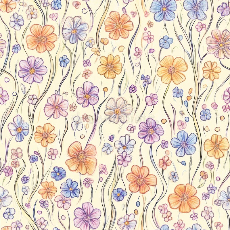 Floral Pattern with Colorful Hand-Drawn Flowers and Whimsical Lines ...