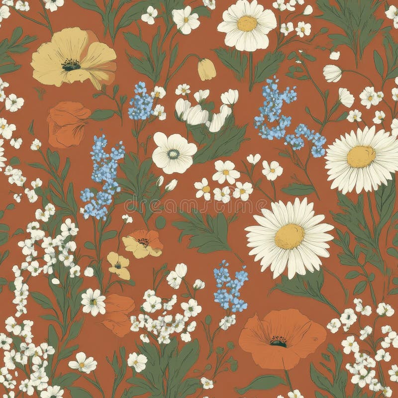 Floral Pattern with Colorful Wildflowers on Terracotta Background Stock ...