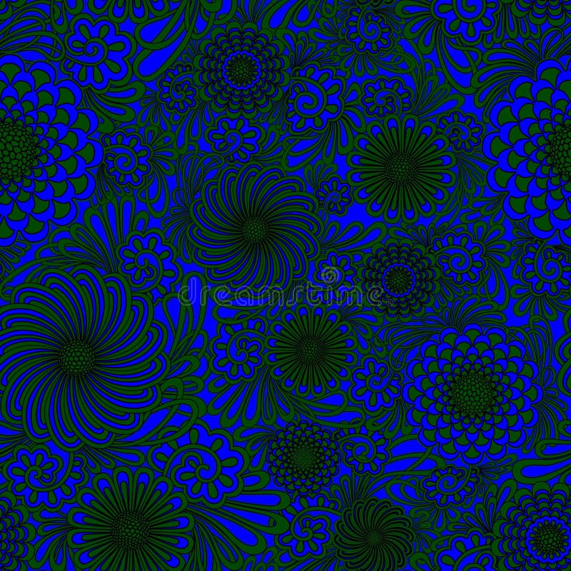 Floral Pattern with Deep Blue and Green Flowers on Dark Background ...
