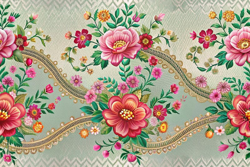 Floral Pattern Embroidery Effect Seamless Allover Jall with Blur Wave Color Texture Endless ...