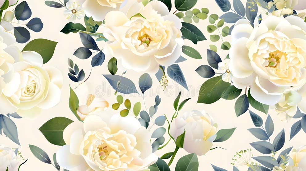 A Floral Pattern Featuring Elegant White Roses and Greenery on a Soft ...
