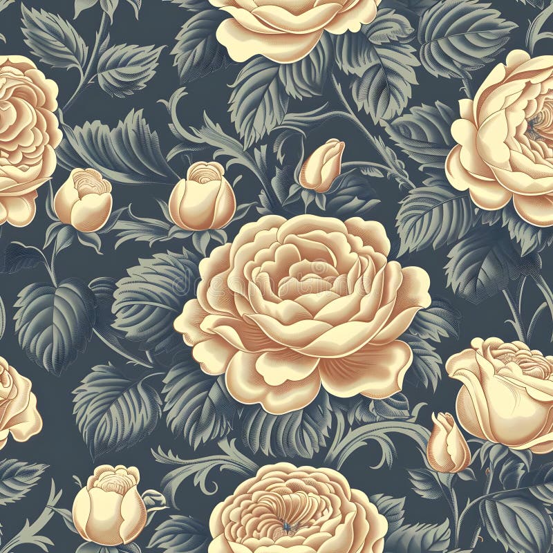 A Floral Pattern Featuring Large, Cream-colored Roses on a Dark Blue ...