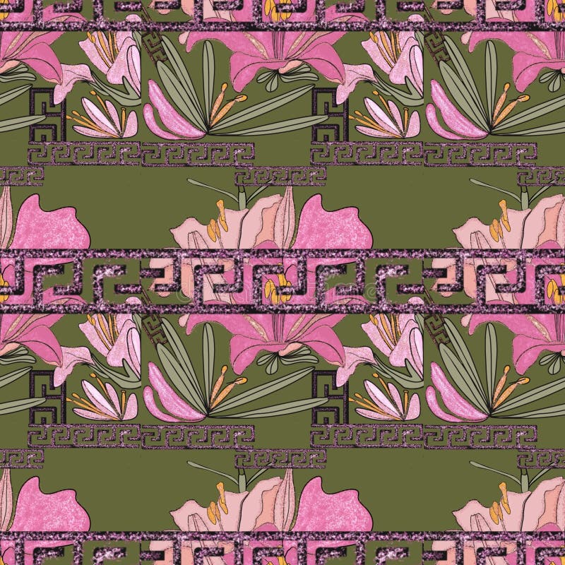 Floral Pattern with Greek Ornament.Trend Design and Colors. Stock ...