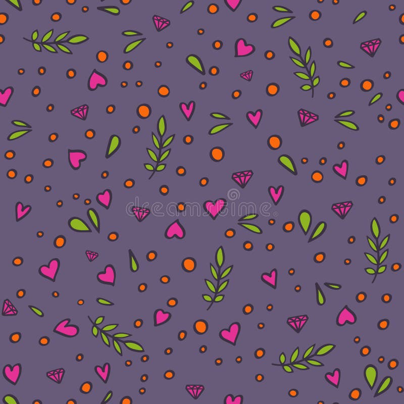 Floral Pattern with Hearts, Leafs, Diamonds and Dots. Vector Texture ...