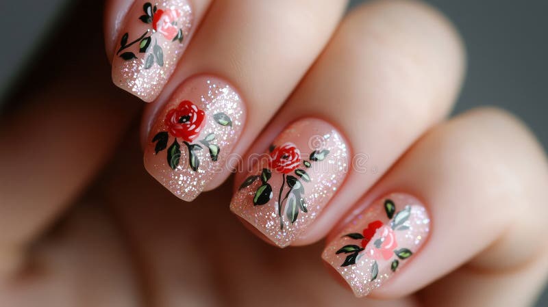 Floral Pattern Manicure with Glitter, Spring-themed Design Stock Image ...