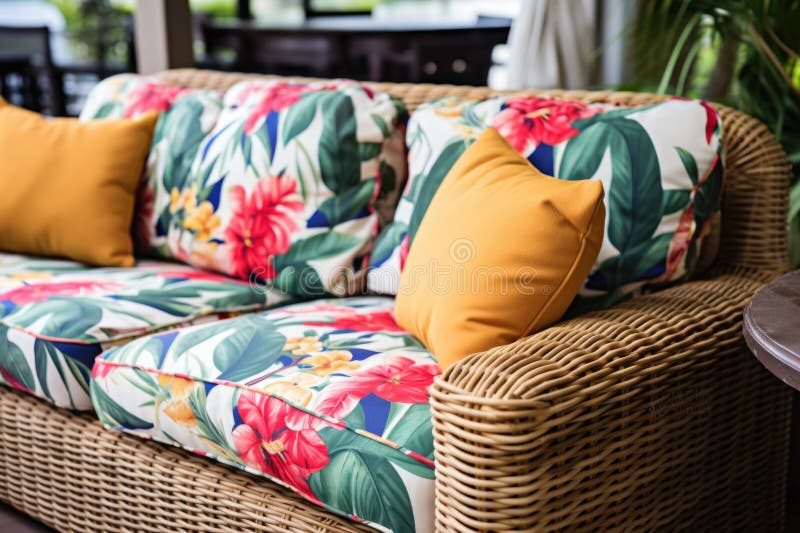 Floral Pattern Patio Cushions Atop a Wicker Outdoor Sofa Stock Photo ...