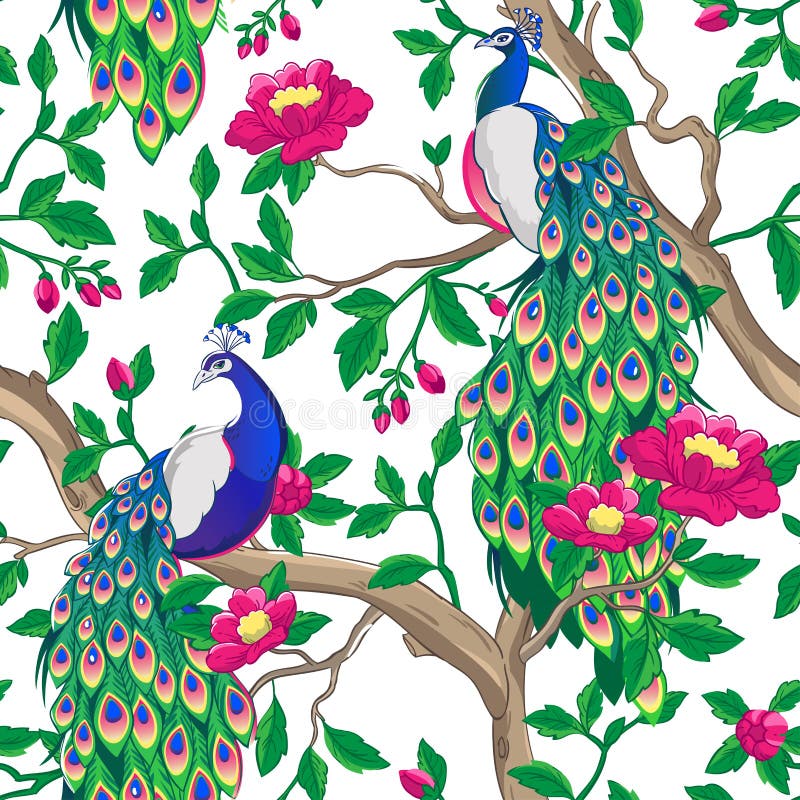 Floral Pattern with Peacock and Pink Flowers. Stock Vector ...