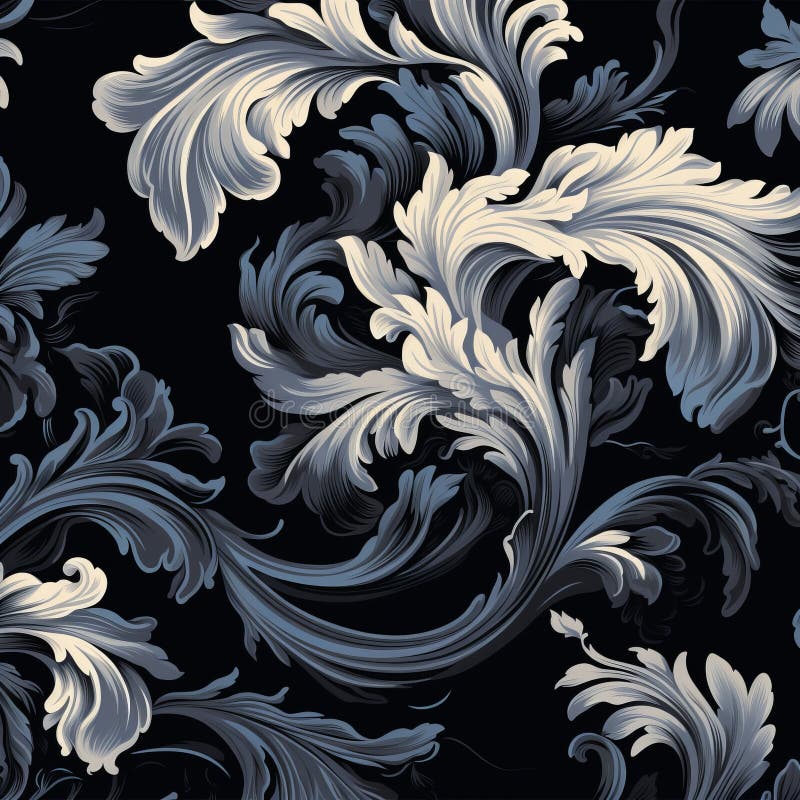 Rococo Vector: Ornate Blue and White Floral Design on Black Background ...