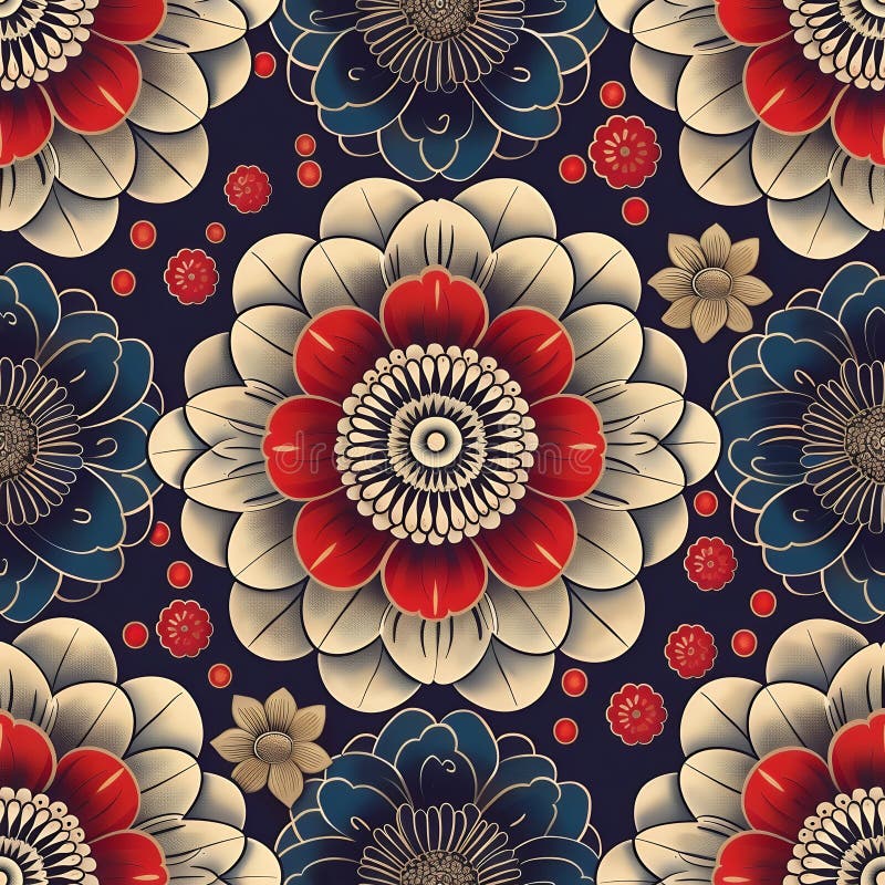 Floral Pattern in Red Blue and Gold Stock Illustration - Illustration ...