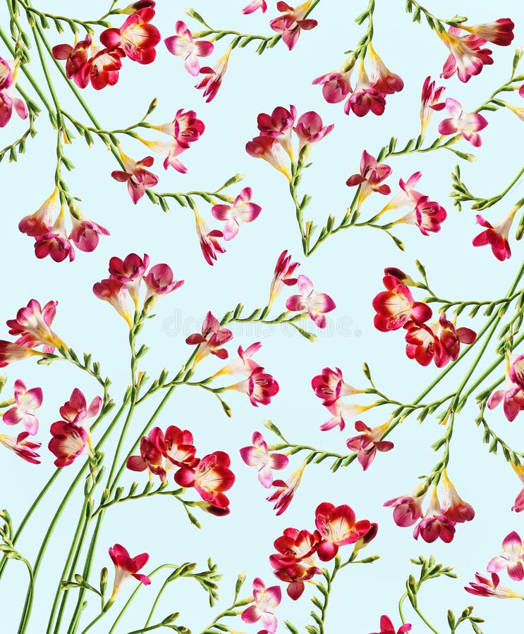 Floral Pattern with Red Flowers and Curved Green Stems at Blue Backdrop ...