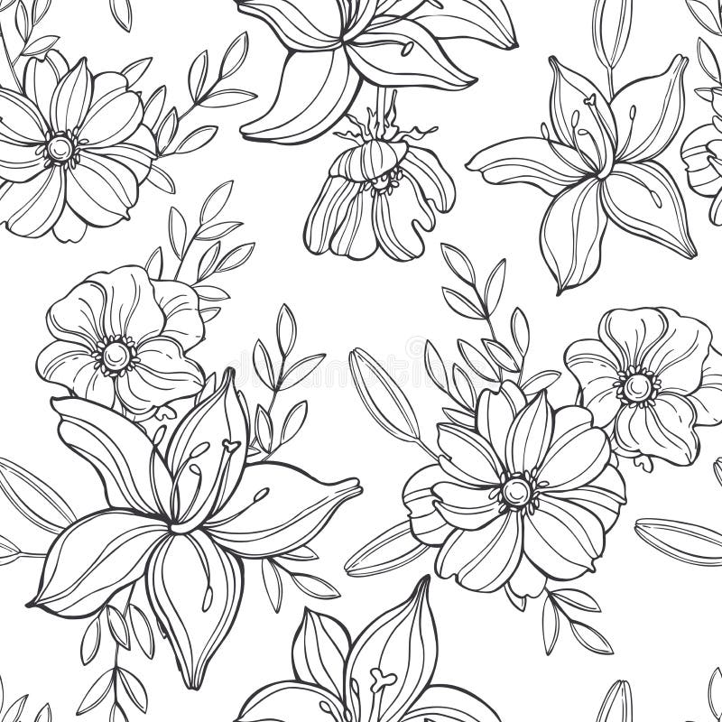 Floral Pattern with Sketch Flowers Stock Vector - Illustration of color ...