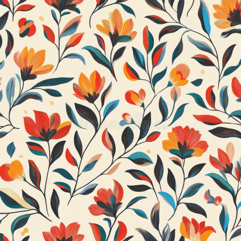 Floral Pattern with Various Flower and Leaf Types on a Light Background ...