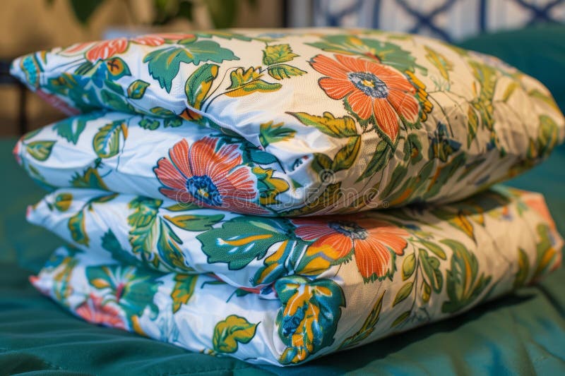 Stack of Floral Patterned Cushions Resting on Bed Stock Illustration ...