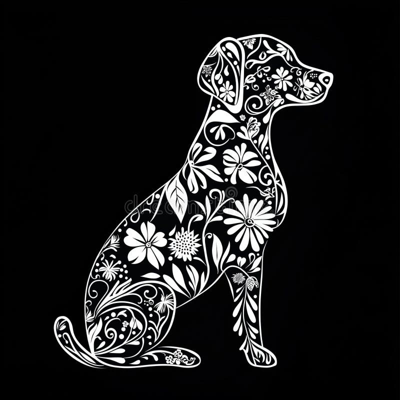 Floral Patterned Dog Silhouette on Black Background Stock Photo - Image ...