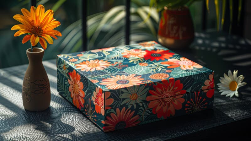A Floral-patterned Gift Box with a Gerbera Flower. Stock Image - Image ...