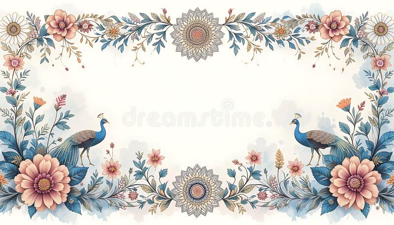 Floral Peacock Frame Design with Mandala Elements and Decorative Border ...