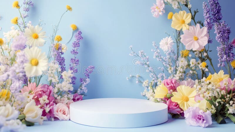 Floral Pedestal Display with Spring Blooms on Blue Background Stock ...